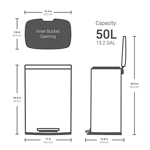 QUALIAZERO 50L/13Gal Heavy Duty Hands-Free Stainless Steel Commercial/Kitchen Step Trash Can, Fingerprint-Resistant Soft Close Lid Trashcan, 50L / 13 GAL
