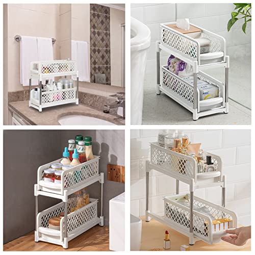 Toplive 2 Tier Spice Rack Lazy Susan Organiser with Sliding Drawer Organiser, Under Sink Organisers and Storage Rack Pull Out Cabinet Basket Organiser for Bathroom Kitchen Bedroom