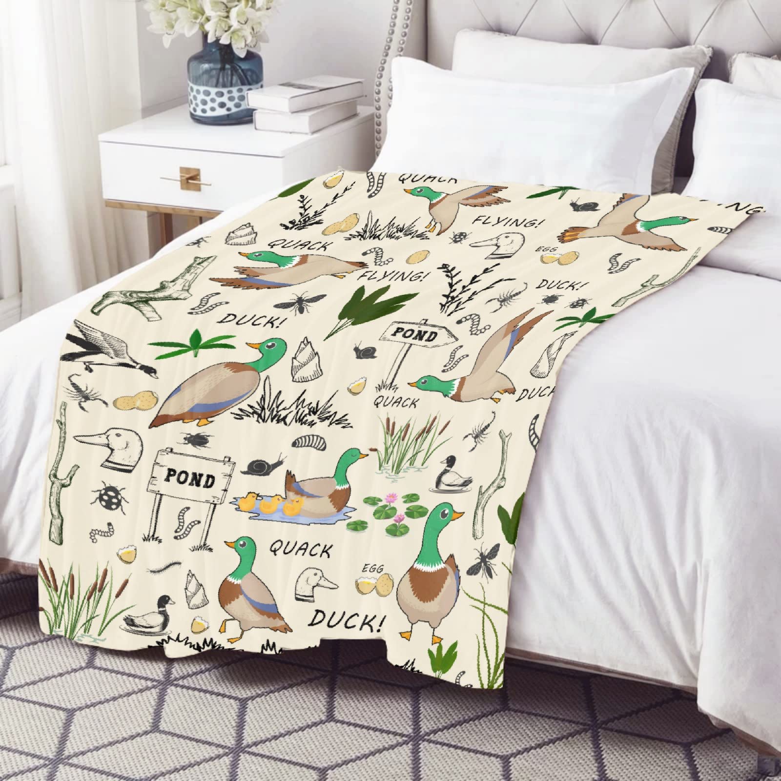 Duck Blanket for Kids, Cute Mallard Ducks Gifts, Soft Lightweight Flannel Throw Blanket with Mallard Ducks, Cute Duck Decoration for Bed Bedroom Sofa, 50 in x 40 in