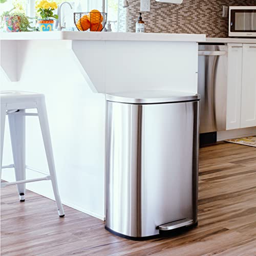 QUALIAZERO 50L/13Gal Heavy Duty Hands-Free Stainless Steel Commercial/Kitchen Step Trash Can, Fingerprint-Resistant Soft Close Lid Trashcan, 50L / 13 GAL