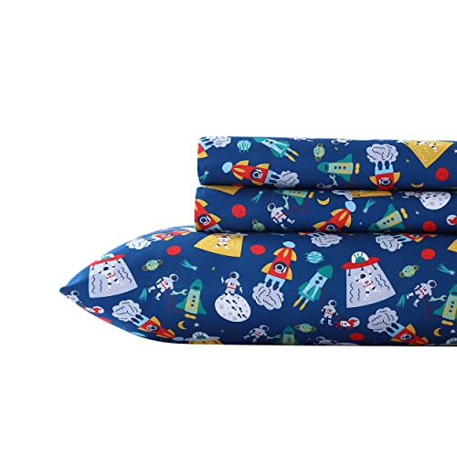 Poppy & Fritz Kids Twin Sheet Set, Stain Resistant Toddler Bedding, Soft & Cozy - Space Kids Blue