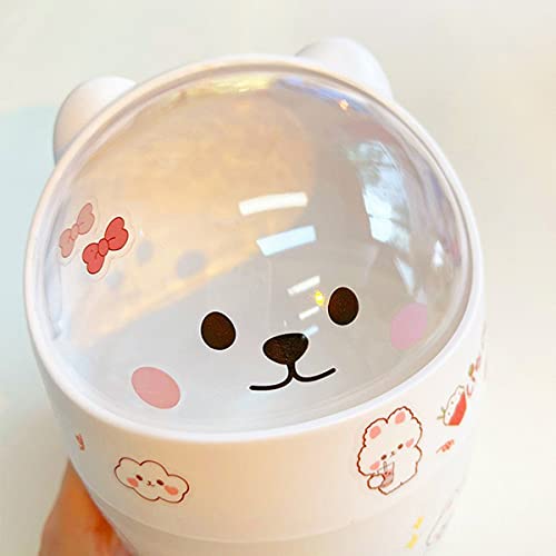 Storage Bucket Desktop with Lid Trash Can Mini Kawaii Cute Bear Trash Bin Storage Box Girl Pen Holder Storage Bucket with Top - White