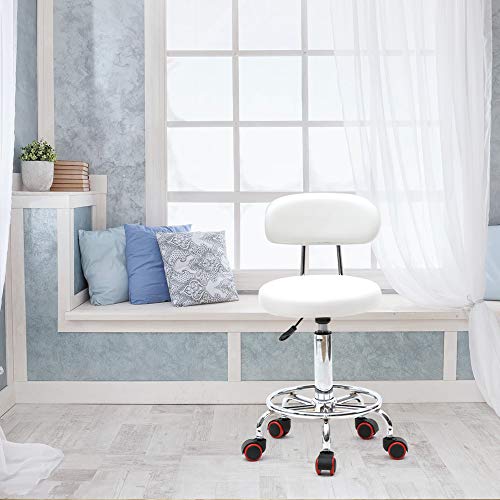 SSLine Rolling Salon Stool White Leather Adjustable Tattoo Stools on Wheels Hydraulic Swivel Office Drafting Chair with Back Modern Comfortable Dental Chairs Kitchen Bar Chairs