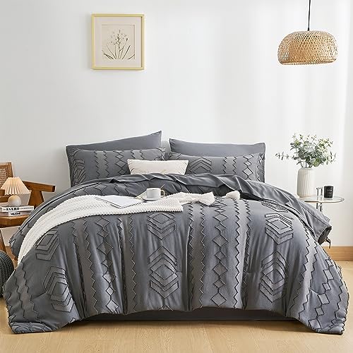 OARAGE Dark Grey Twin Comforter Set 7 Pieces, Tufted Bed in a Bag Twin, Boho Bed Sets, Geometric Embroidery Twin Size Bedding Set, All Season Microfiber Bedding Comforter Set with Sheets