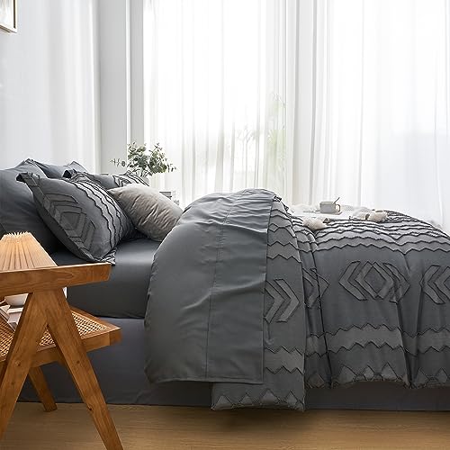 OARAGE Dark Grey Twin Comforter Set 7 Pieces, Tufted Bed in a Bag Twin, Boho Bed Sets, Geometric Embroidery Twin Size Bedding Set, All Season Microfiber Bedding Comforter Set with Sheets