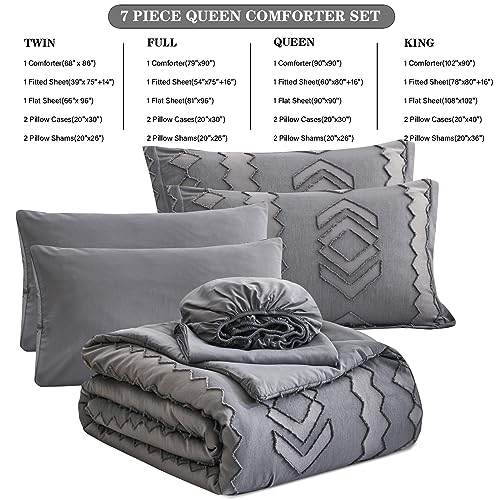 OARAGE Dark Grey Twin Comforter Set 7 Pieces, Tufted Bed in a Bag Twin, Boho Bed Sets, Geometric Embroidery Twin Size Bedding Set, All Season Microfiber Bedding Comforter Set with Sheets