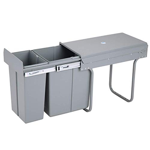 MYOYAY Double Pull Out Under Cabinet Trash Can with Lid 10L + 20L (8 Gallon) Kitchen Cabinet Garbage Can Sliding Out Under Counter Waste Bin, 30 Liters