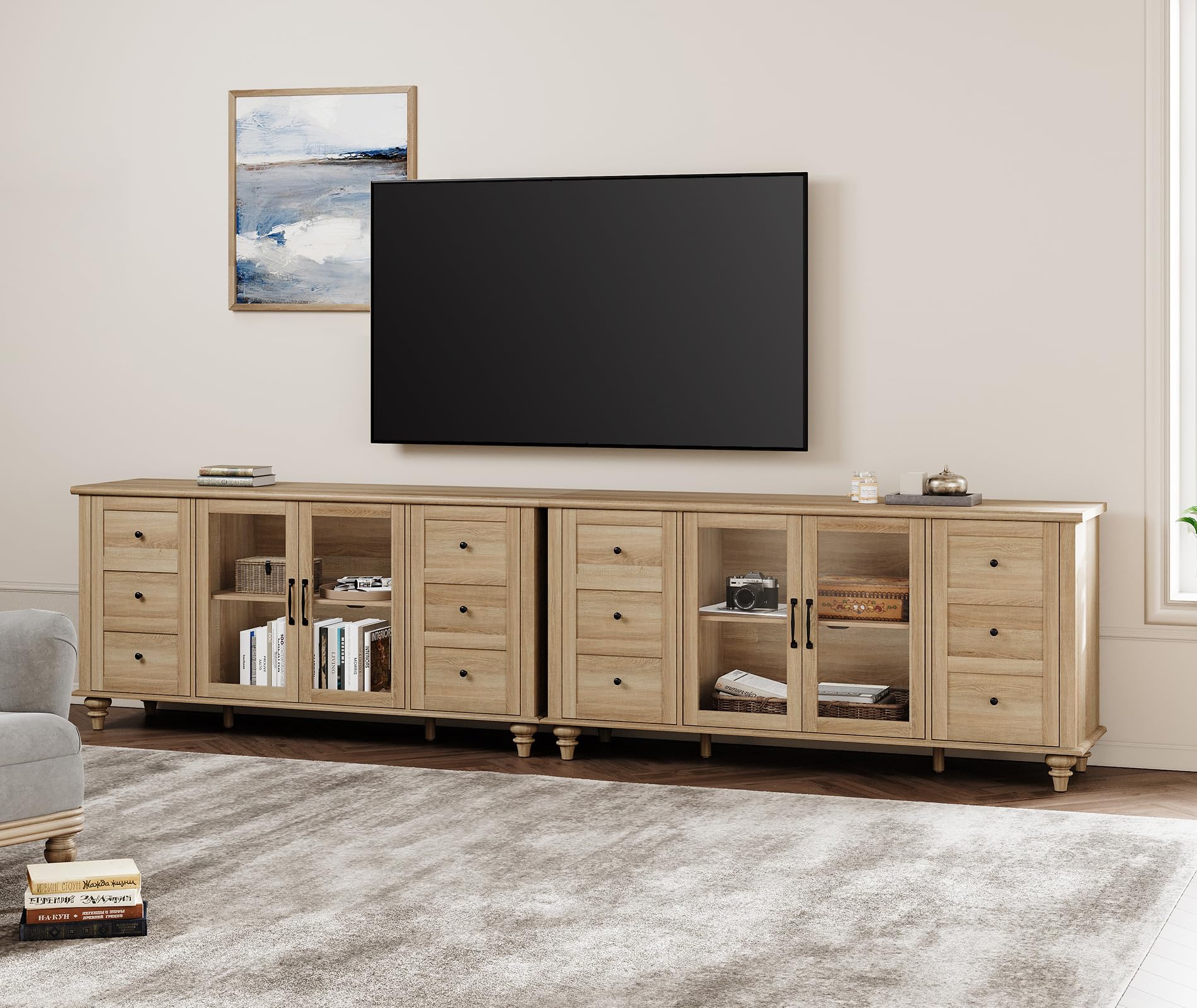 WAMPAT 2 in 1 Glass Door Farmhouse TV Stand for TVs Up to 110 inch, Wood Universal TV Console Table with Storage Cabinets, Entertainment Center for 32-110 inch TV Console Cabinet, 116'', Oak
