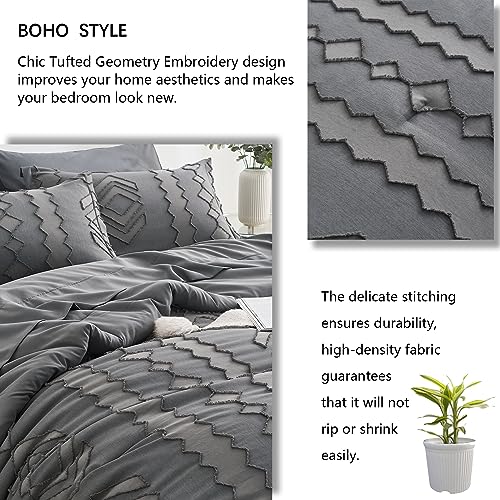 OARAGE Dark Grey Twin Comforter Set 7 Pieces, Tufted Bed in a Bag Twin, Boho Bed Sets, Geometric Embroidery Twin Size Bedding Set, All Season Microfiber Bedding Comforter Set with Sheets