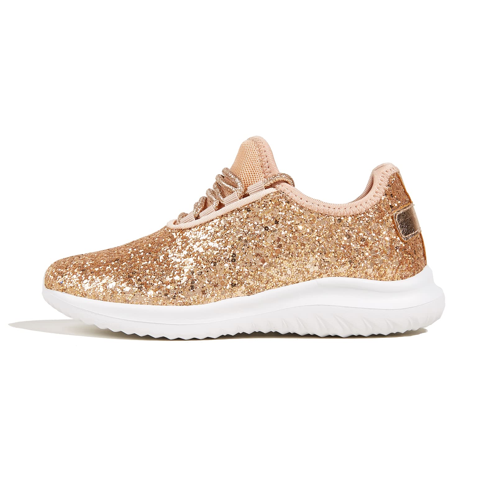 K KIP WOK Toddler Girls Glitter Sneakers Sparkle Slip On Walking Shoes for Kids/Children Breathable Running Sneakers(Rose Gold2,Big Kids 4)