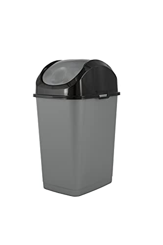 Superio Mini Plastic Trash Can with Swing Top Lid Grey/Black 1.25 Gal Small Waste Bin for Countertop, Desk, Vanity, Bathroom