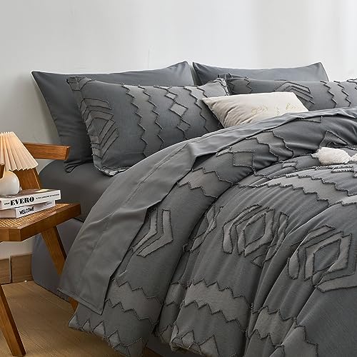 OARAGE Dark Grey Twin Comforter Set 7 Pieces, Tufted Bed in a Bag Twin, Boho Bed Sets, Geometric Embroidery Twin Size Bedding Set, All Season Microfiber Bedding Comforter Set with Sheets