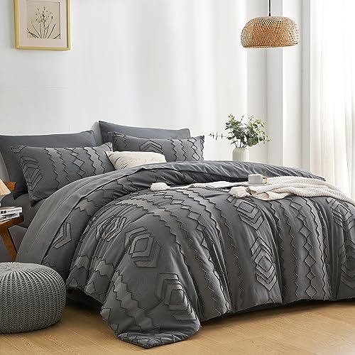 OARAGE Dark Grey Twin Comforter Set 7 Pieces, Tufted Bed in a Bag Twin, Boho Bed Sets, Geometric Embroidery Twin Size Bedding Set, All Season Microfiber Bedding Comforter Set with Sheets