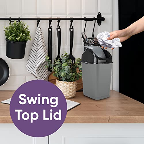 Superio Mini Plastic Trash Can with Swing Top Lid Grey/Black 1.25 Gal Small Waste Bin for Countertop, Desk, Vanity, Bathroom