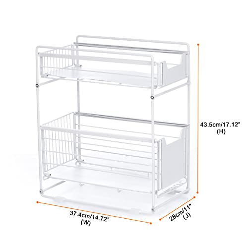 METALLIXITY Under Sink Cabinet Organizer with Sliding Drawers, 2-Tier Metal Pull-Out Cabinet Organizer - Suitable for Sink, Bathroom, Cabinet, Countertop- White