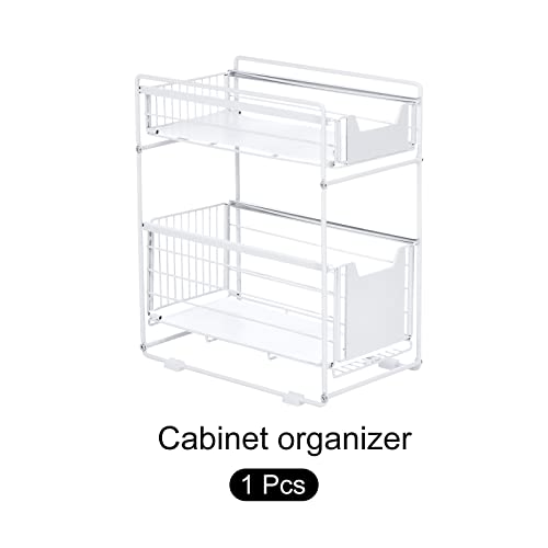 METALLIXITY Under Sink Cabinet Organizer with Sliding Drawers, 2-Tier Metal Pull-Out Cabinet Organizer - Suitable for Sink, Bathroom, Cabinet, Countertop- White