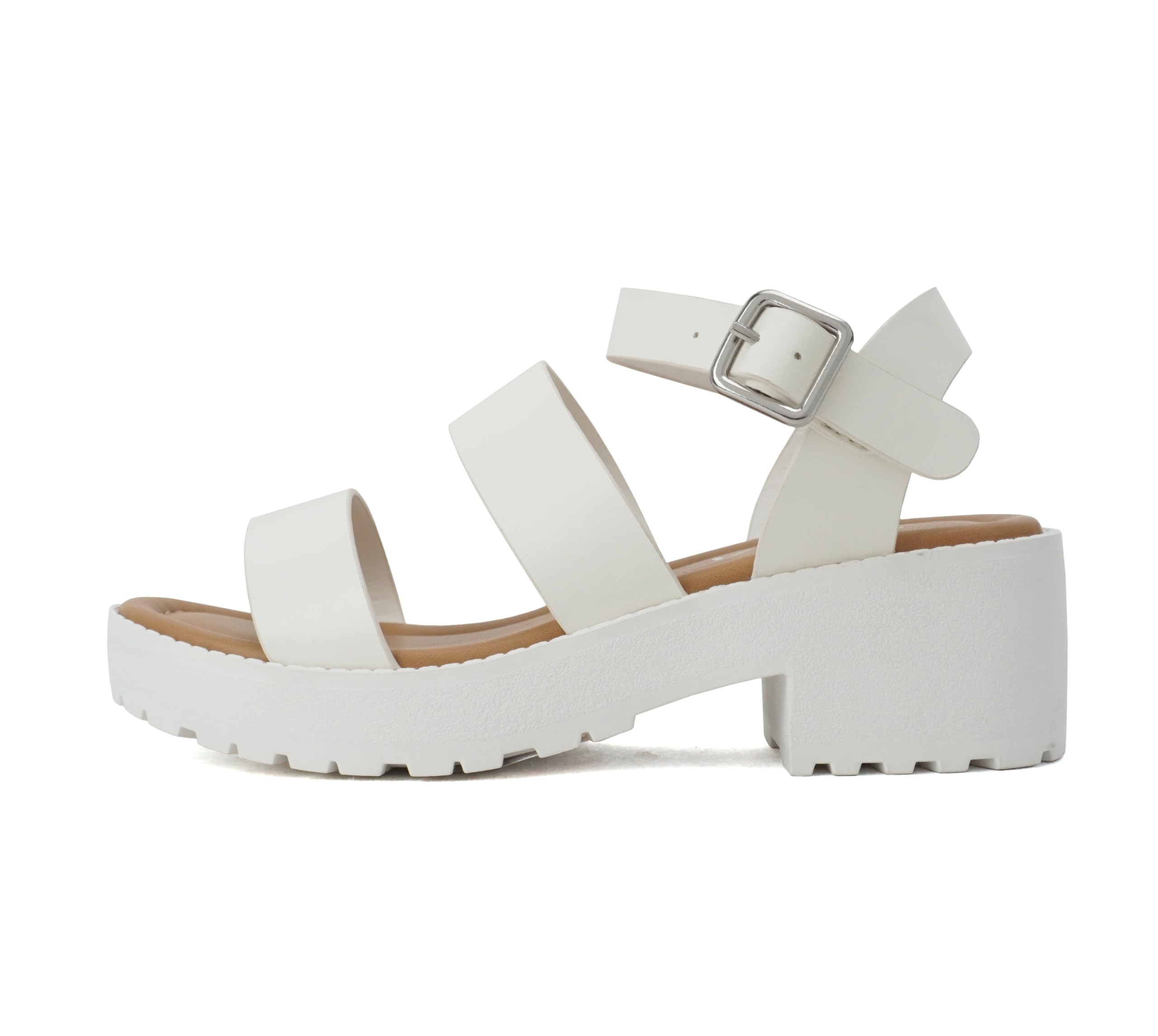 Soda ACCOUNT-2 ~ Little Kids/Children/Girls Open Toe Two Bands Lug sole Fashion Block Heel Sandals with Adjustable Ankle Strap (WHITE PU, numeric_3)