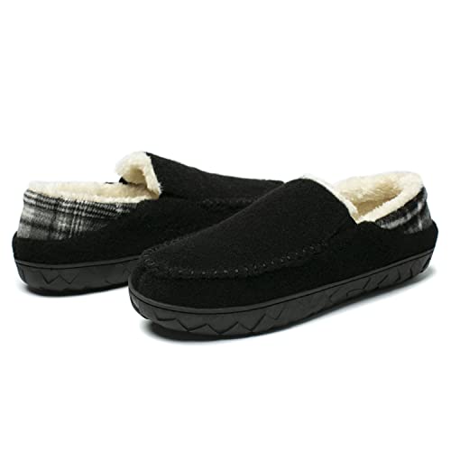 NewDenBer Men's Warm Memory Foam Moccasin Slippers Felted Wool Plush Shearling Lined Slip on Indoor Outdoor House Shoes (17 D(M) US, Black)