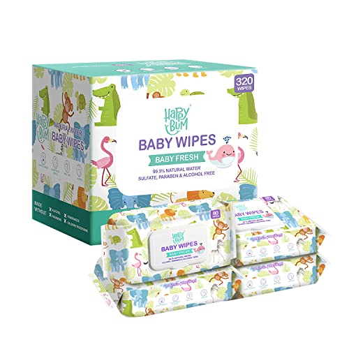 Baby Wipes - HAPPY BUM Sensitive Water Baby Diaper Wipes, Hypoallergenic, Unscented, 4 Flip-top packs (320 Wipes Total)