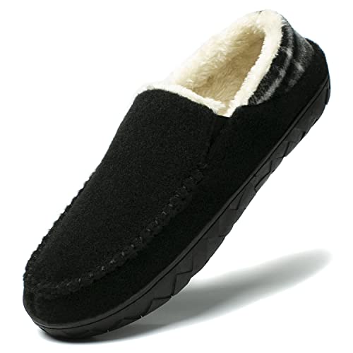 NewDenBer Men's Warm Memory Foam Moccasin Slippers Felted Wool Plush Shearling Lined Slip on Indoor Outdoor House Shoes (17 D(M) US, Black)
