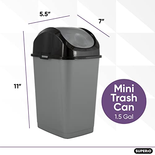 Superio Mini Plastic Trash Can with Swing Top Lid Grey/Black 1.25 Gal Small Waste Bin for Countertop, Desk, Vanity, Bathroom