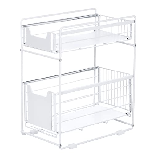 METALLIXITY Under Sink Cabinet Organizer with Sliding Drawers, 2-Tier Metal Pull-Out Cabinet Organizer - Suitable for Sink, Bathroom, Cabinet, Countertop- White