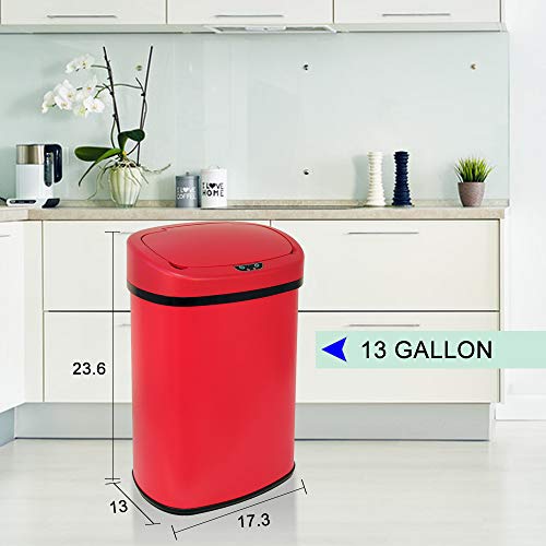 Automatic Sensor 13 Gallon Trash Can, Touch Free Trash Can, No Touch Garbage Can Kitchen Waste Bin, High-Capacity Bathroom Trash Can with Lid for Home Bedroom Office, Power by Battery, Red