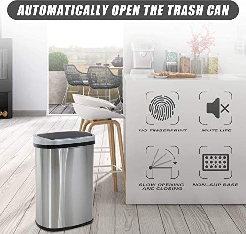 XXFBag Kitchen Trash Can 13 Gallon Garbage Can, Sensor Trash Can Touchless Stainless Steel Trash Can, Brushed Dustbin 50 Liter Motion Trash Bin Metal Waste Bin with Lid for Home Bathroom Office Restroom, Silver