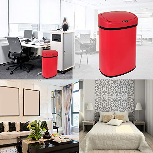 Automatic Sensor 13 Gallon Trash Can, Touch Free Trash Can, No Touch Garbage Can Kitchen Waste Bin, High-Capacity Bathroom Trash Can with Lid for Home Bedroom Office, Power by Battery, Red