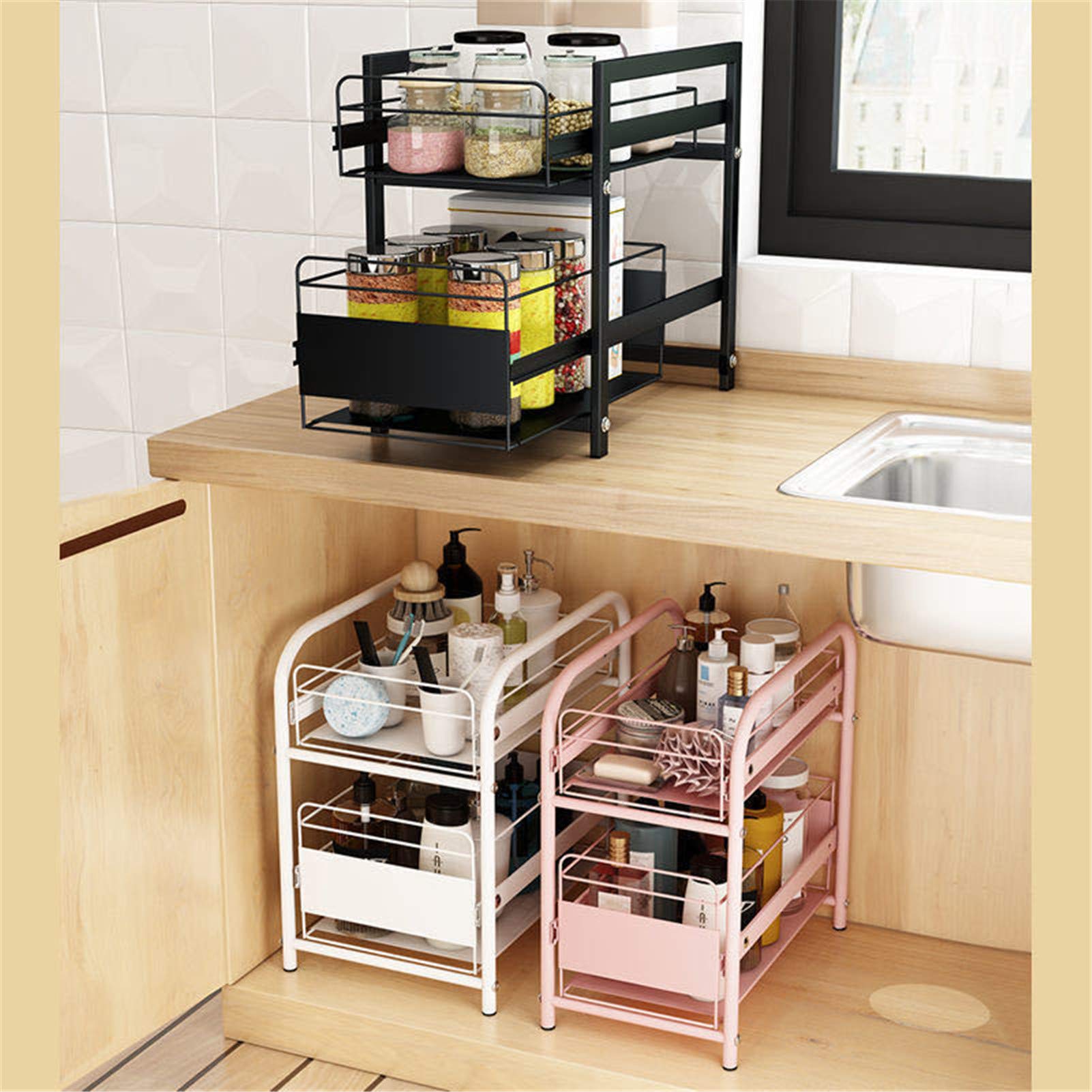 LEAYAN Under Sink Storage 2 Tier Pull Out Cabinets Organizer Shelf,Under Sink Organizer,Sliding Storage Drawer Under Sink for Countertop,Under Sink,Desktop, White 40x26x40cm Under Sink Rack Shelf
