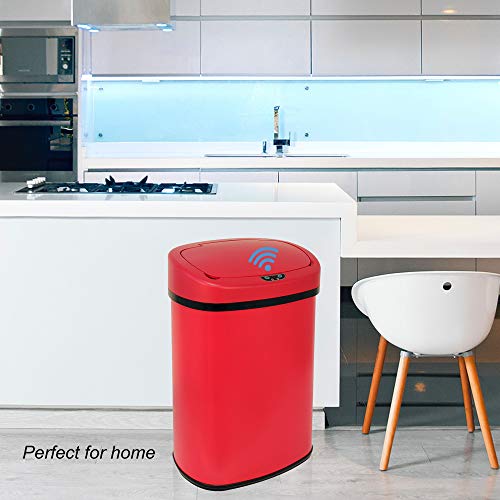 Automatic Sensor 13 Gallon Trash Can, Touch Free Trash Can, No Touch Garbage Can Kitchen Waste Bin, High-Capacity Bathroom Trash Can with Lid for Home Bedroom Office, Power by Battery, Red