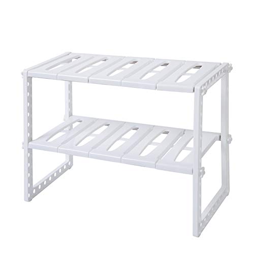 Edlike Under Sink Storage Organizer, 2-Tier Stainless Steel Sink Dish Drying Rack, Multi-use Kitchen/Bathroom Under Sink Shelf for Cabinet Organization, White.