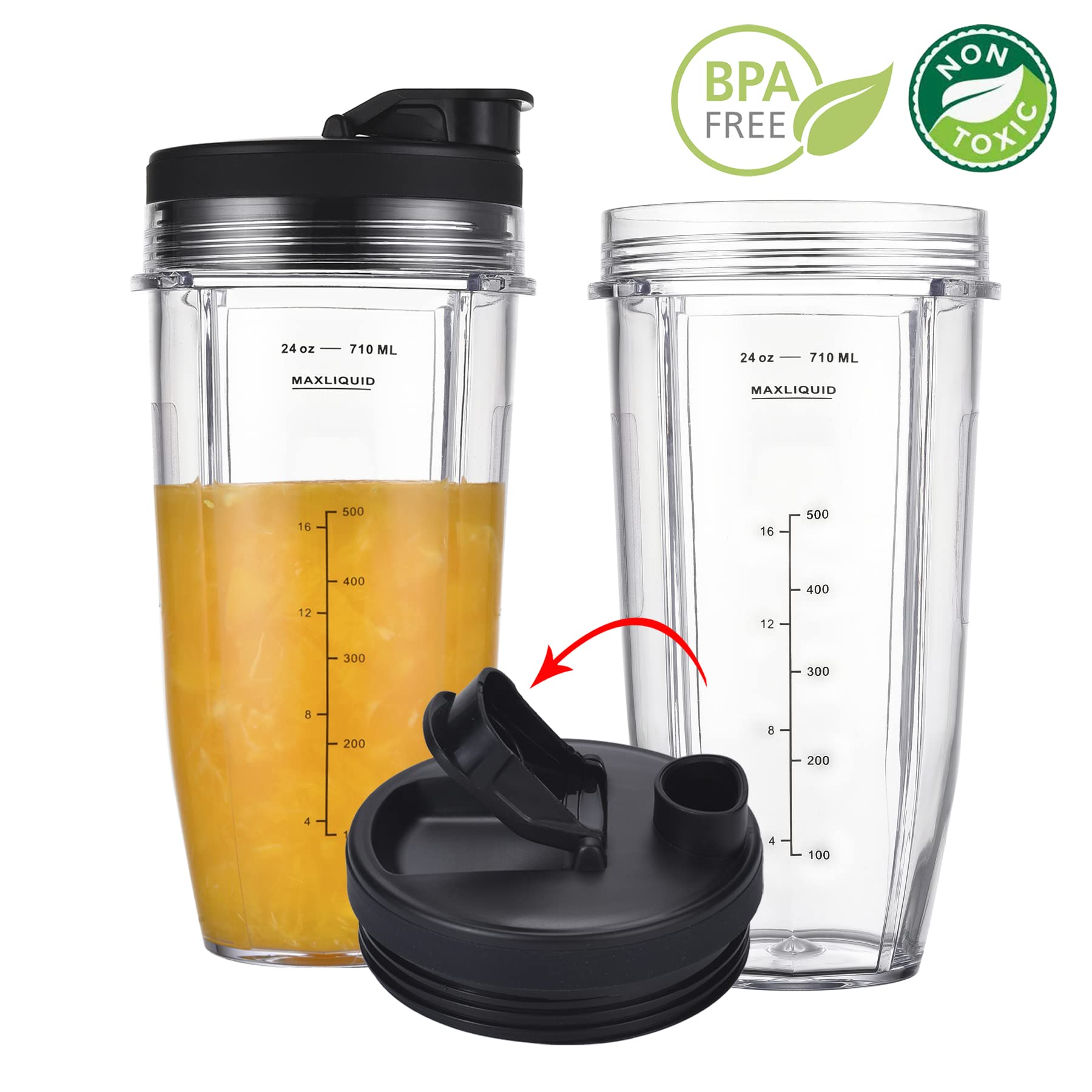 [Upgraded] Replacement 24oz Nutri Ninja Blender Cup with Sip & Seal Lid For BL450 BL454 BL456 BL480 BL482 BL640 BL642 BL682 BN751 BN801 Foodi SS101 SS351 SS401 Ninja Blender Auto IQ Blade, 2 Pack