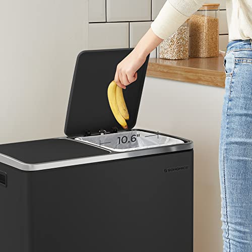 SONGMICS Dual Trash Can, 16 Gal (60L) Rubbish Bin and 15 Trash Bags, Metal Step Bin, with Dual Compartments, Plastic Inner Buckets and Hinged Lids, Airtight, Black ULTB60BK