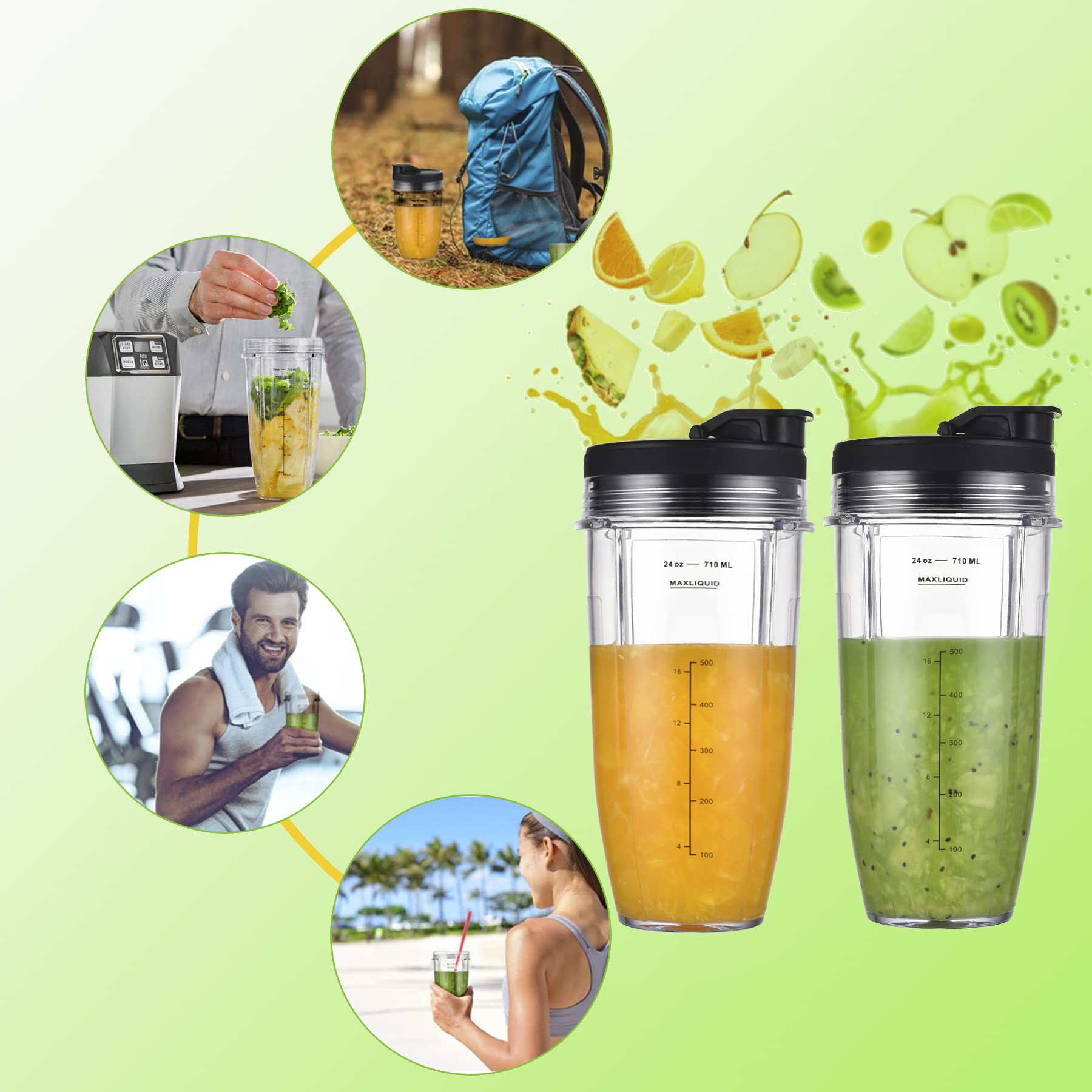 [Upgraded] Replacement 24oz Nutri Ninja Blender Cup with Sip & Seal Lid For BL450 BL454 BL456 BL480 BL482 BL640 BL642 BL682 BN751 BN801 Foodi SS101 SS351 SS401 Ninja Blender Auto IQ Blade, 2 Pack