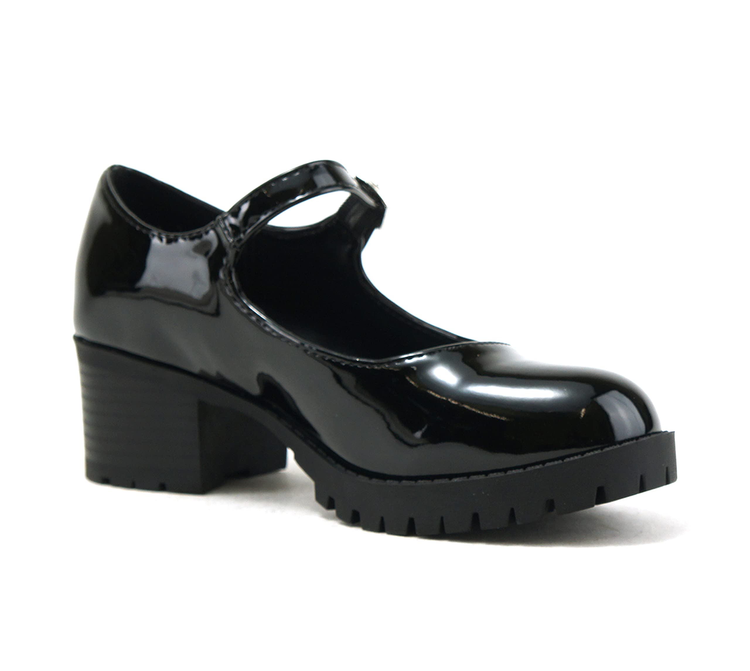 Soda Boxer-2 Kids/Children/Girls Fashion Mary Jane Style Rounded Chunky Block Lug Sole Heel with Adjustable Strap (13 Little Kid, Black Patent, Numeric_13)