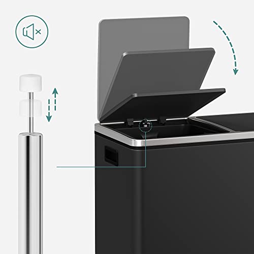 SONGMICS Dual Trash Can, 16 Gal (60L) Rubbish Bin and 15 Trash Bags, Metal Step Bin, with Dual Compartments, Plastic Inner Buckets and Hinged Lids, Airtight, Black ULTB60BK