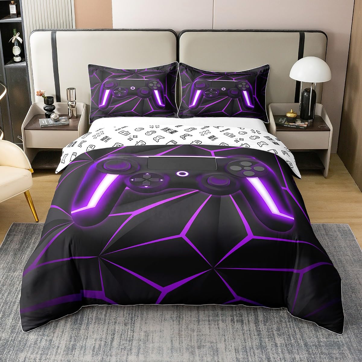 Erosebridal Gaming 100% Cotton Duvet Cover for Boys Girls Game Console Bedding Set Kids 3D Gaming Geometric Reversible Comforter Cover Gamer Gamepad Console Bed Sets with 1 Pillowcase Twin,Purple