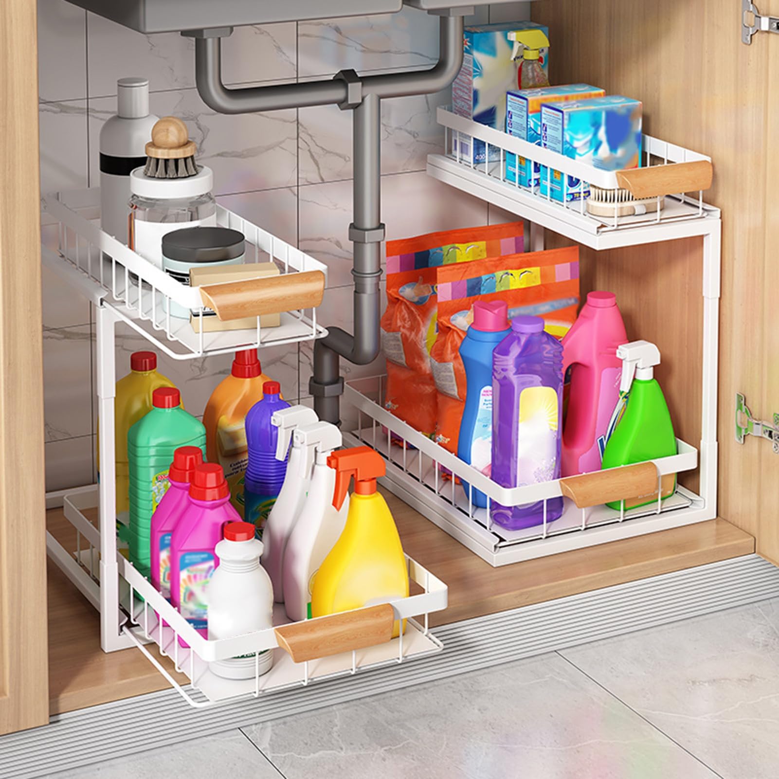 Libcflcc Under Sink Organizer, Kitchen Shelf 2-Tier Sliding Kitchen Shelf Organizer Metal Construction Storage Rack for Kitchen Bathroom Metal Sliding Organizer White