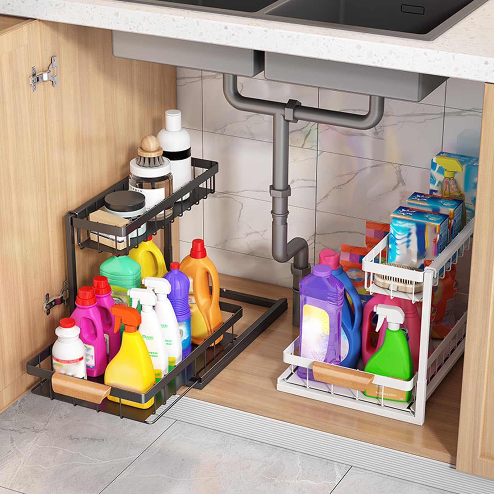 Libcflcc Under Sink Organizer, Kitchen Shelf 2-Tier Sliding Kitchen Shelf Organizer Metal Construction Storage Rack for Kitchen Bathroom Metal Sliding Organizer White
