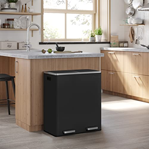 SONGMICS Dual Trash Can, 16 Gal (60L) Rubbish Bin and 15 Trash Bags, Metal Step Bin, with Dual Compartments, Plastic Inner Buckets and Hinged Lids, Airtight, Black ULTB60BK