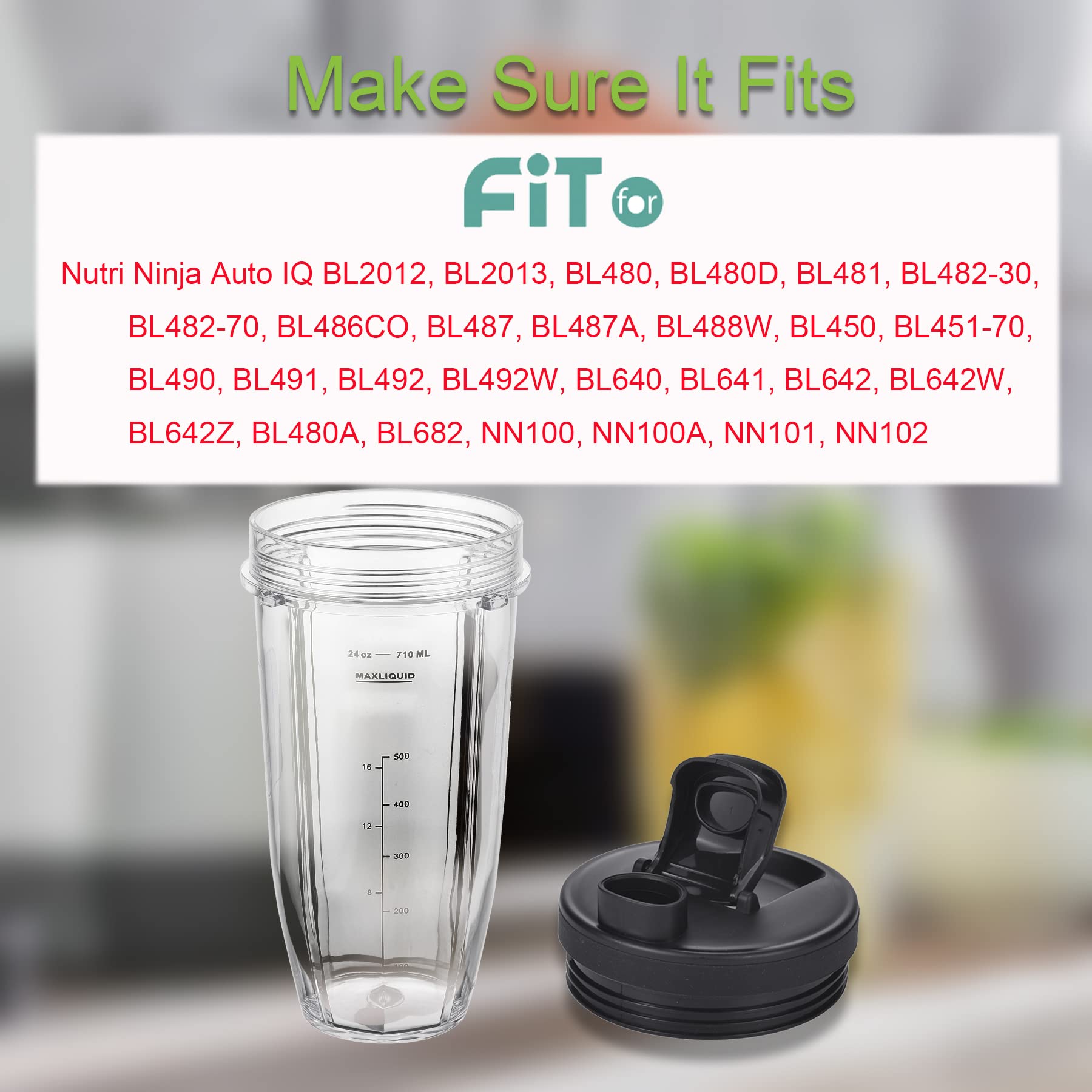 [Upgraded] Replacement 24oz Nutri Ninja Blender Cup with Sip & Seal Lid For BL450 BL454 BL456 BL480 BL482 BL640 BL642 BL682 BN751 BN801 Foodi SS101 SS351 SS401 Ninja Blender Auto IQ Blade, 2 Pack