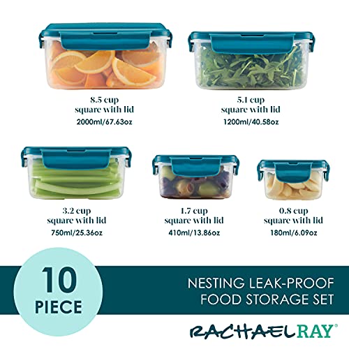 Rachael Ray Leak-Proof Nestable Container Food Storage Bin Set, 10-Piece Square, Teal Lid
