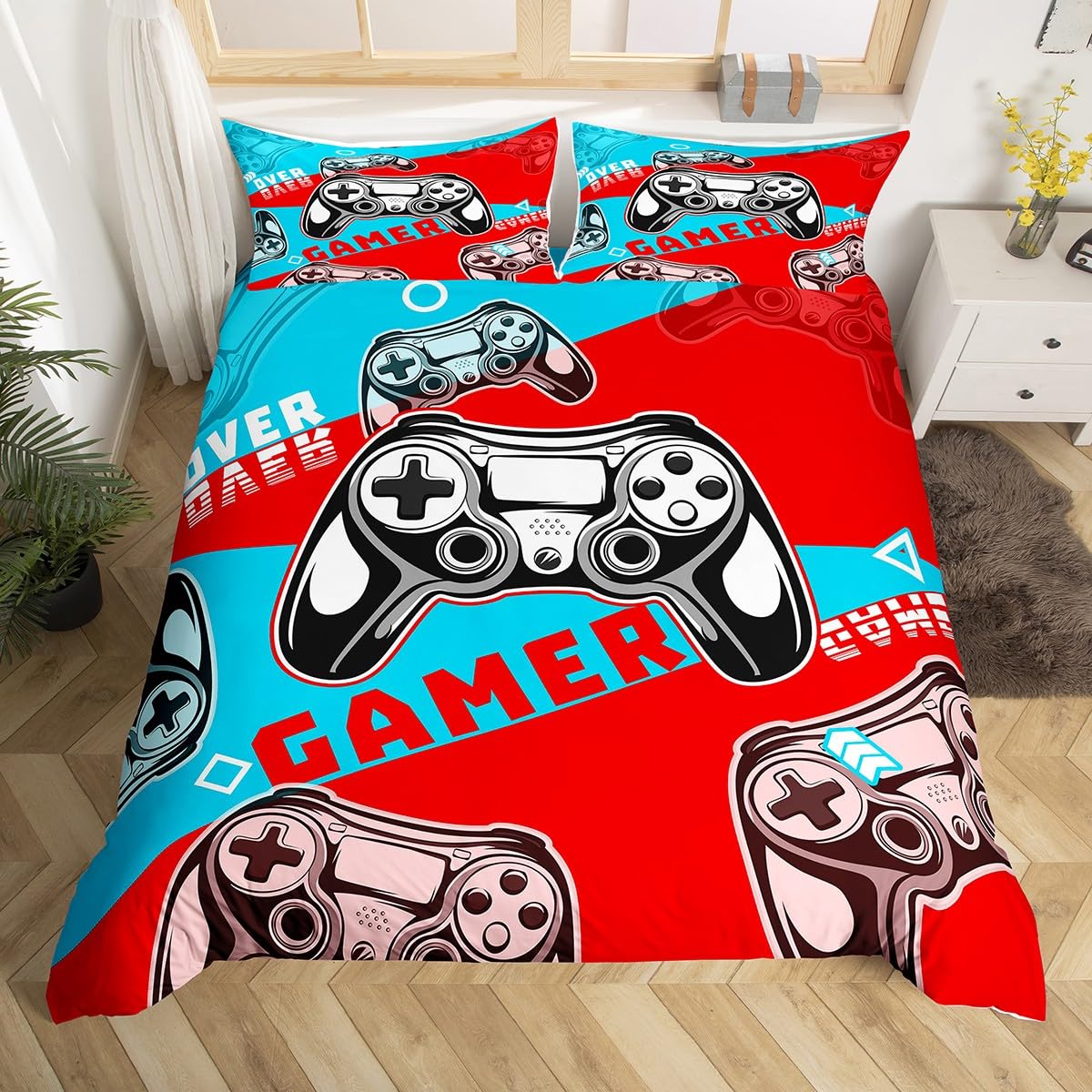 Erosebridal Gamer Duvet Cover for Boys Girls Kids Teens,Video Game Bedding Set Twin Size,Gaming Comforter Cover Gamer Room Decor,Red Teal Gamepad Controller Bed Set 1 Duvet Cover & 1 Pillowcase