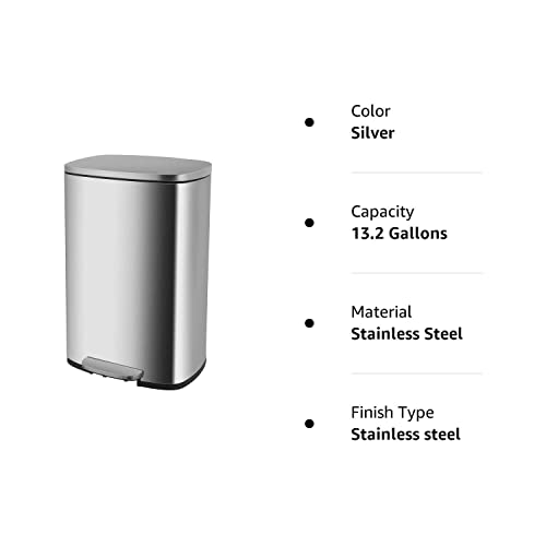 13.2 Gallon(50L) Trash Can, Fingerprint Proof Stainless Steel Kitchen Garbage Can with Removable Inner Bucket and Hinged Lids, Pedal Rubbish Bin for Home Office