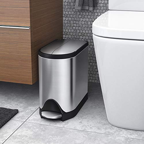 simplehuman 10 Liter / 2.6 Gallon Butterfly Lid Bathroom Step Trash Can, Brushed Stainless Steel with Black Trim