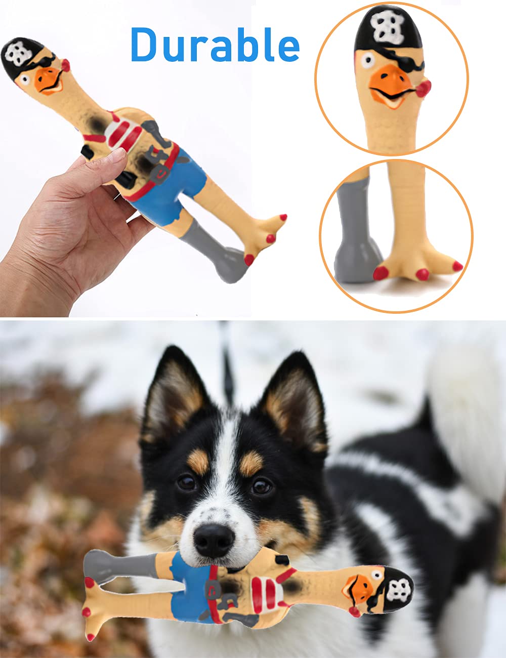 jooee Screaming Rubber Chicken Dog Squeaky Toy, 8.5 Inch Tall, Latex Chew Molar Dog Toy (Pirate)