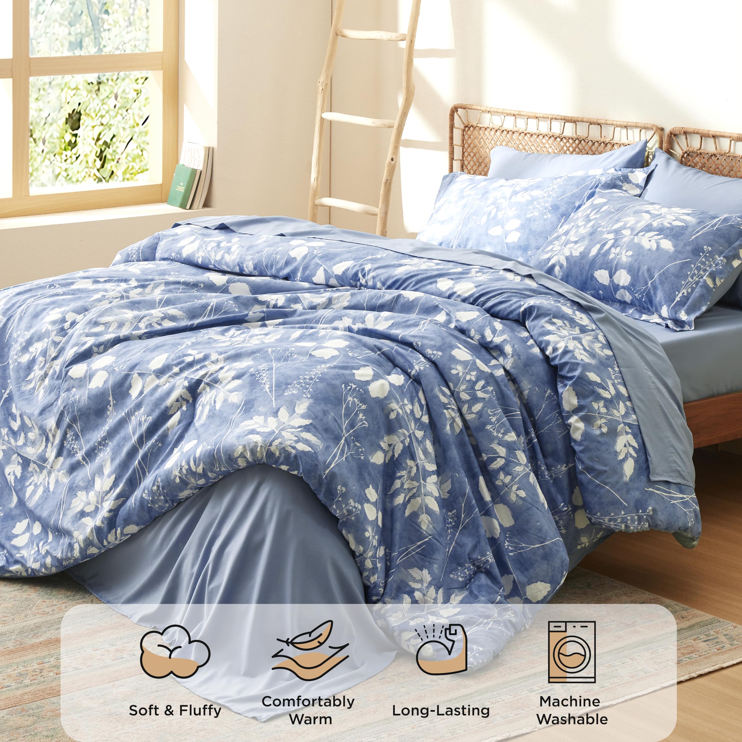 Bedsure Twin Comforter Set - 5 Pieces Floral Blue Soft Bedding Sets, Twin Bed in a Bag with Botanical Flowers Comforter, Sheets, Pillowcase & Sham