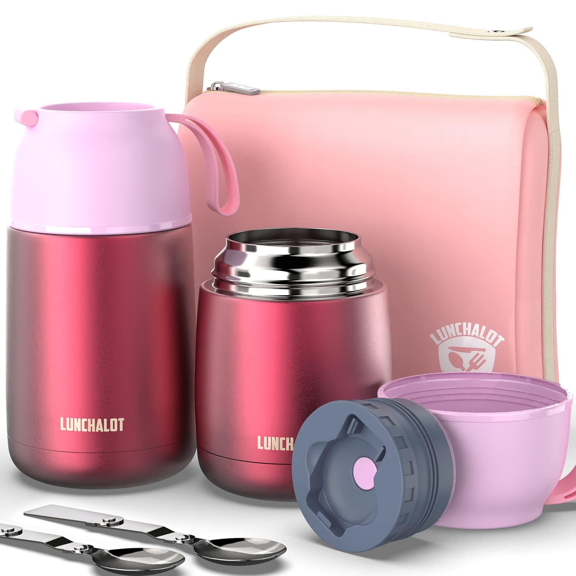 LUNCHALOT Insulated Food Jar for Hot Food in a Bag - 15 & 21 Oz Soup Lunch Box Container for Adults Vacuum Stainless Steel Jar & Foldable Spoons - Pink Wide Mouth Flask for Work Travel