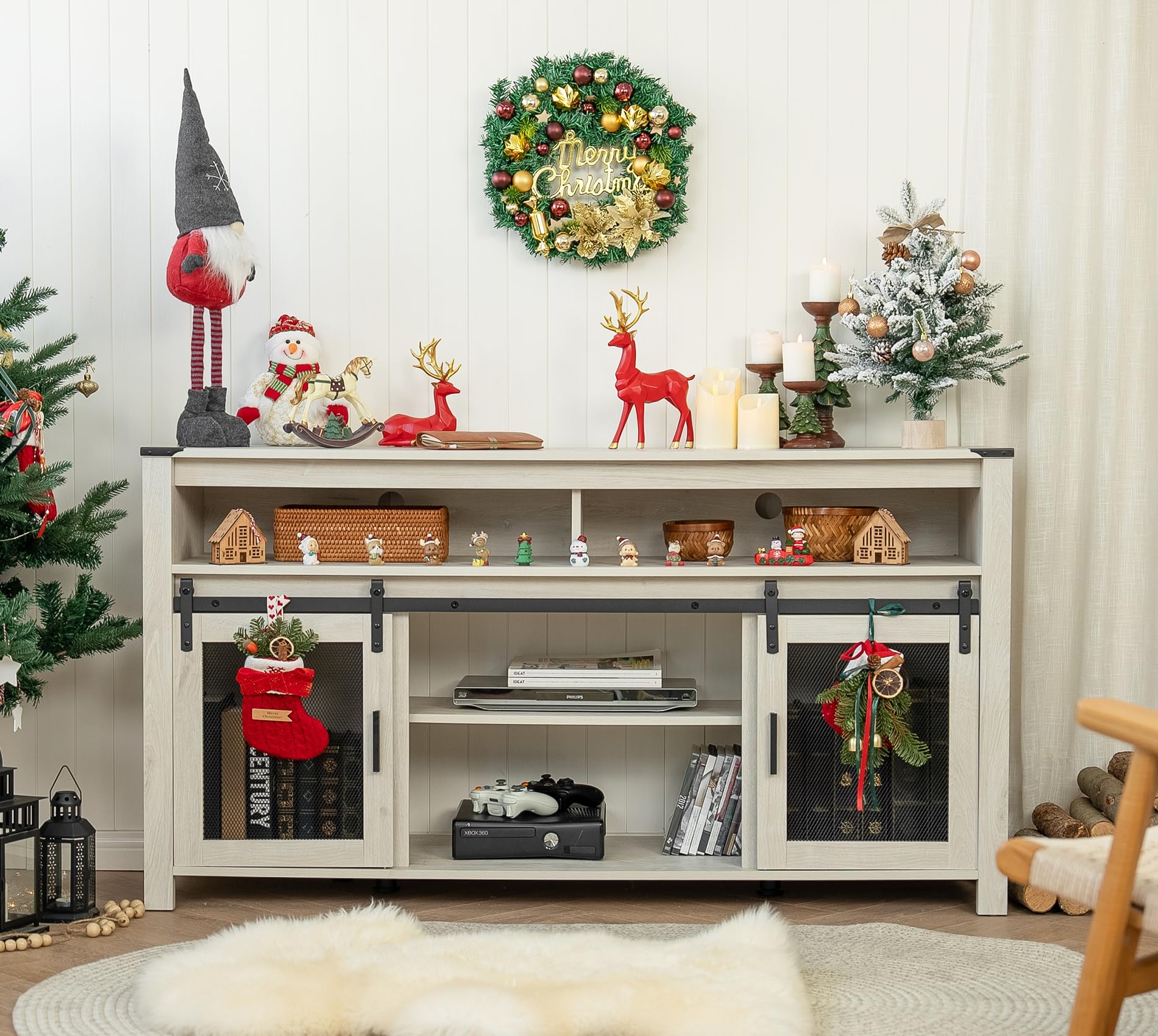 WAMPAT TV Stand for 65+ Inch TV, Farmhouse 32" Tall Highboy Entertainment Center w/Sliding Mesh Doors, Rustic Media Console w/Storage Shelf, Wood Television Stand for Living Room, Antique White